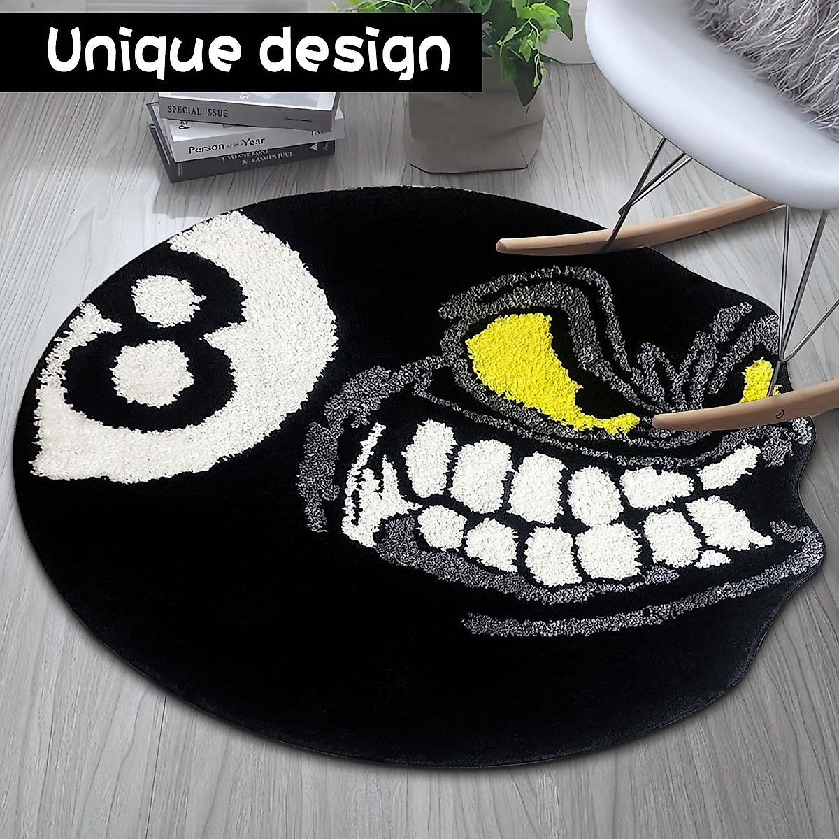 HYPEECE Angry 8 Ball Rug, 32" Cool Rugs 8 Ball Hypebeast Rug, Black Round Rug for Bedroom, Flocking Soft Aesthetic Rug for Living Room Decor, Y2k Rug, Hypebeast Room Decor (32"x32")