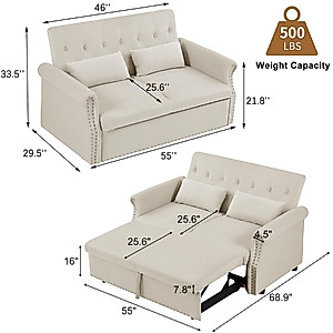 ARCLIS 55" Pull Out Sofa Bed, Velvet Loveseat Sleeper Couch Small Sleeper Sofa Modern Convertible Sofa Bed with Button Tufted Backrest & 2 Pillows for Apartment Office Living Room (Beige)