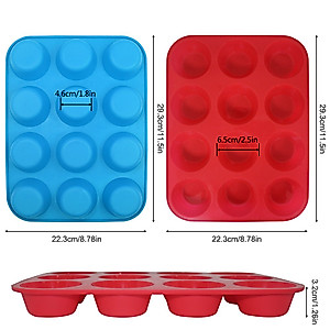 SourceTon 12-Cup Silicone Muffin Mold Bonus with Spatula, 3 pcs pack of Muffin Mold and Spatula Set, Cupcake Pans, Dishwasher, Oven, Microwave Oven. Blue + Red