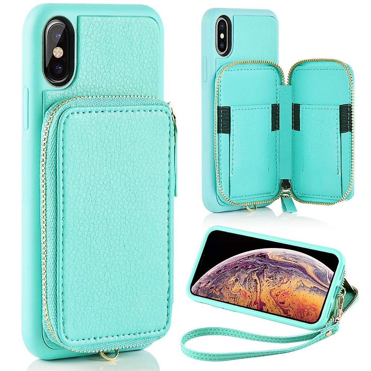 iPhone XR Case, ZVE for iPhone XR Wallet Case with Credit Card Holder Slot Shockproof Protective Leather Wallet Zipper Pocket Purse Handbag Wrist Strap Case for Apple iPhone XR 6.1" (2018) Blue