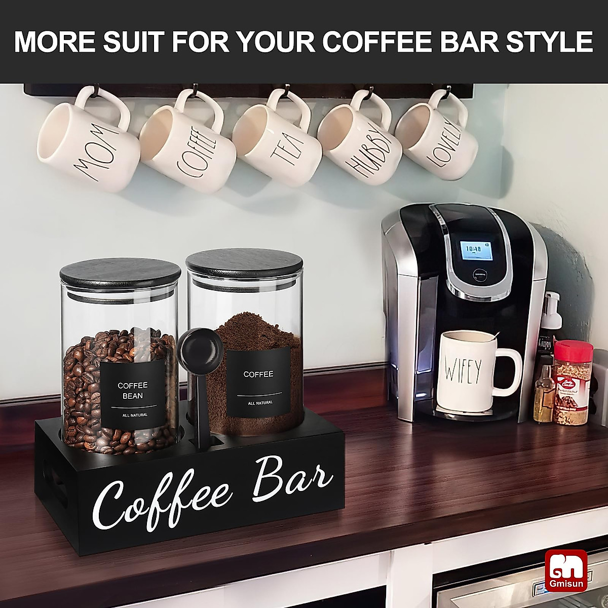 GMISUN Coffee Container, 2Pcs 50oz Black Glass Coffee Bean Storage Canister with Airtight Lids, Coffee and Sugar Jar Set with Scoop/Shelf/Labels, Coffee Containers for Coffee Bar Ground Coffee/Tea