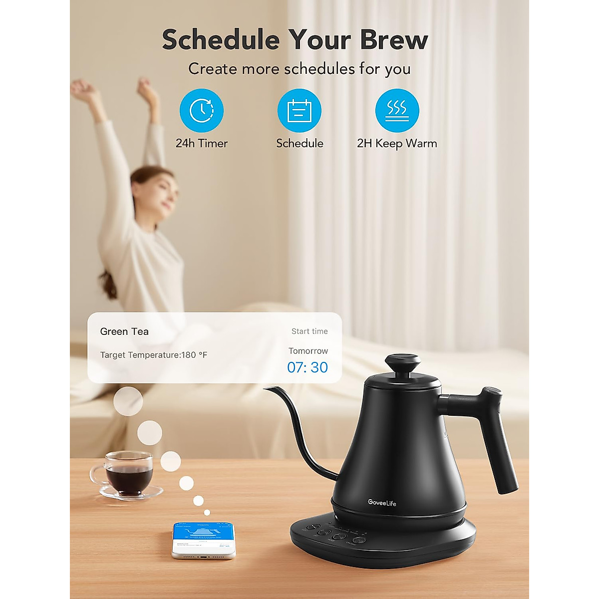 GoveeLife Smart Electric Kettle, 0.8L WiFi Gooseneck Kettle Compatible with Alexa, 5 Modes for Use, 3-minute Fast Heating and 2H Keep Warm, Auto-Shut off for Safety, Stainless Steel, Matte Black…