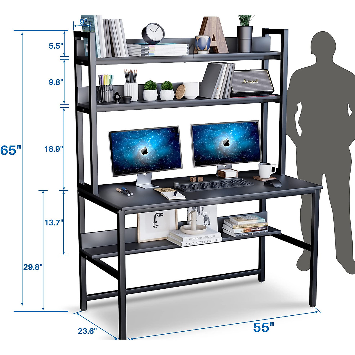 Aquzee Computer Desk with Hutch and Bookshelves, Large Leg Room 55 inch Width Black Desk with Space Saving Storage Shelves, Easy Assemble and All Hardware and Tools Included