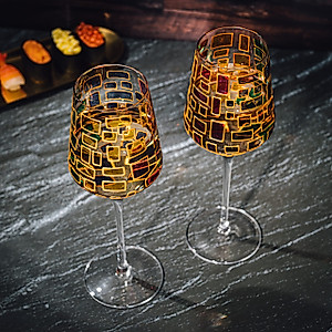 Artisanal Hand Painted Stemmed Wine Glasses - Gift for, Friends, Girlfriends, Sagrada Renaissance Stain-glassed Windows Wines Glass Set of 2 - Gift Idea for Birthday, Housewarming, Extra Large Goblets
