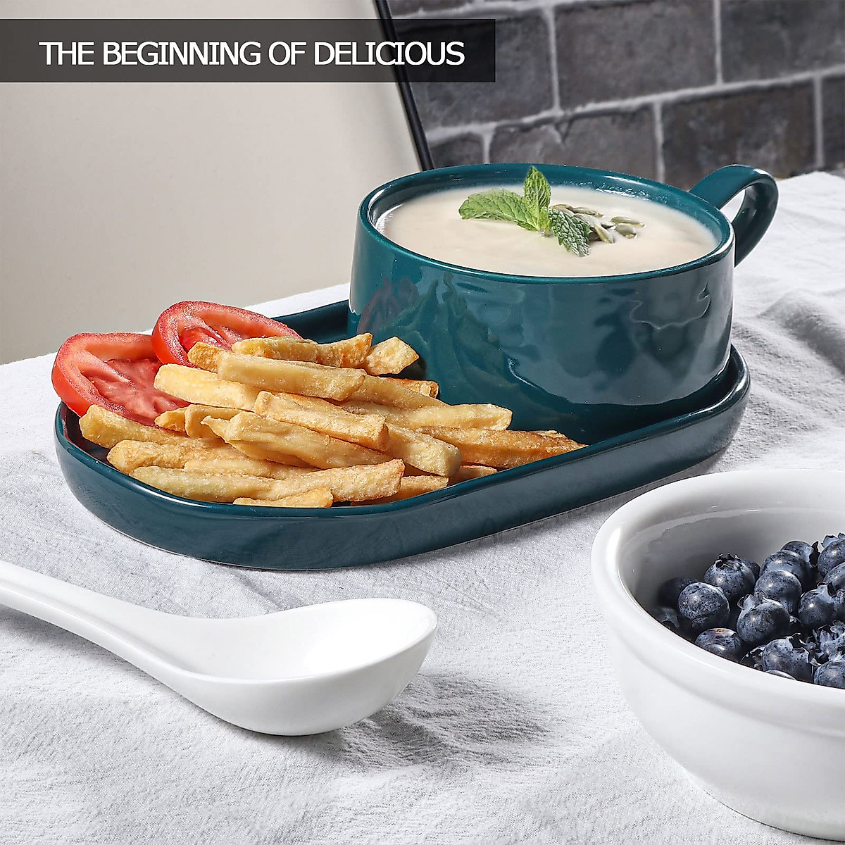 Artena Asian Soup Bowls with Spoons Set of 4 & Teal Blue Solid Soup and Sandwich Plate combo