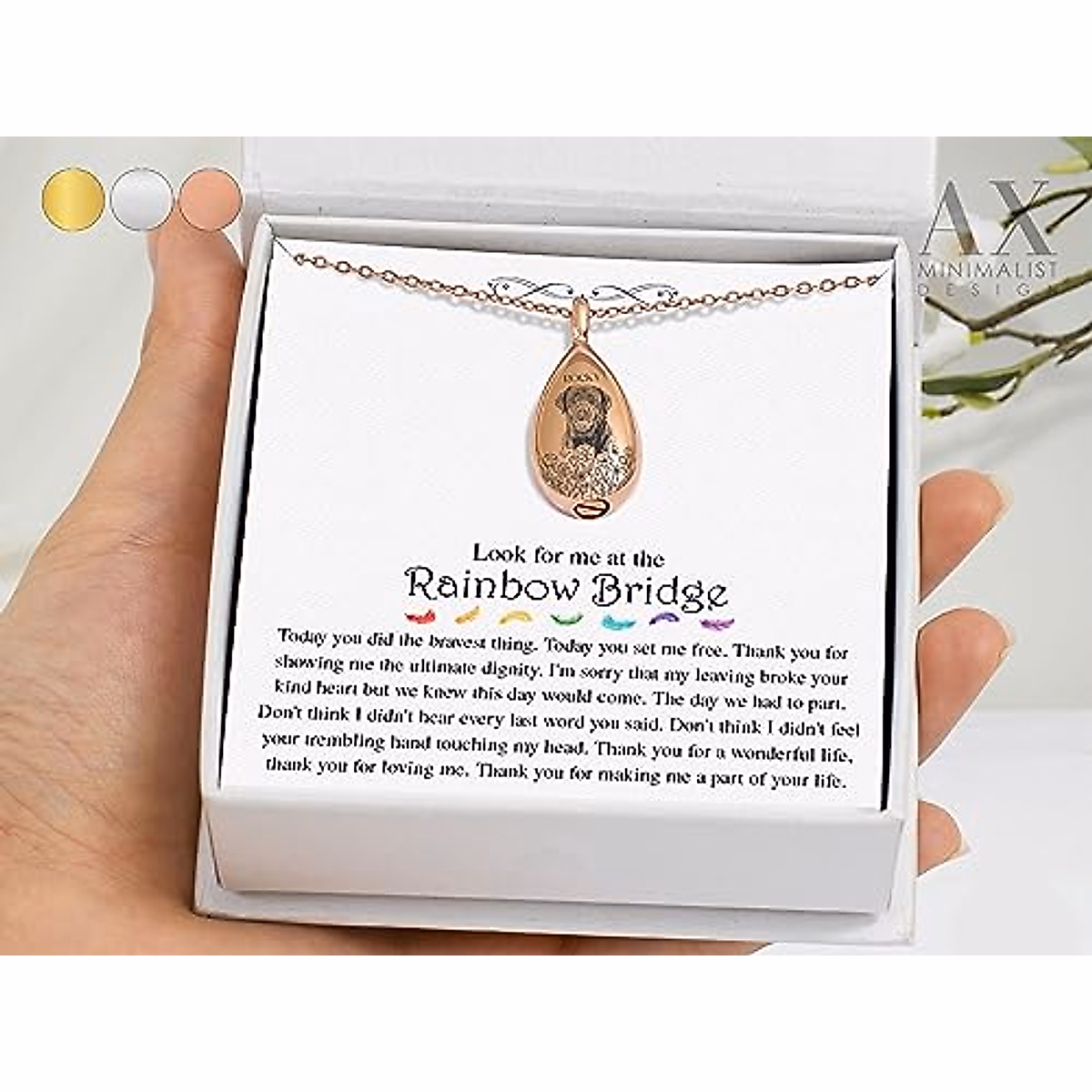 AX Minimalist Personalized Teardrop Urn Necklace For Dog Ashes, Rainbow Bridge Dog Necklace, Memorial Gifts, Rainbow Bridge Sympathy Gift (UNL-S23)