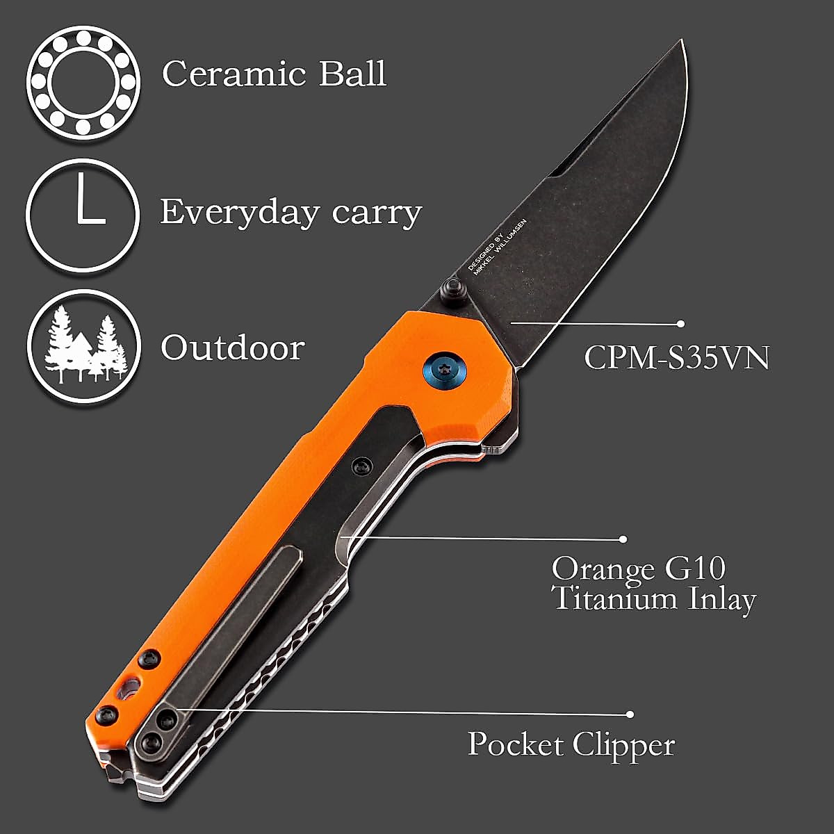 KANSEPT EDC Tac 7.43in Folding Pocket Knives with 3.53in Black Ti-coated S35VN Drop Point Blade and Orange G10 + Titanium Inlay Handle, Button Lock Knife for Outdoor,Tactical,Camping K2009A7