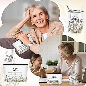 Irenare 50th Birthday Gifts for Women Fifty Fabulous Gifts for Her Happy 50th Birthday Gifts for Grandma Mom Sister Wife Aunt Friends Wine Glass Cosmetic Bag for Woman Birthday Gift(Elegant Style)