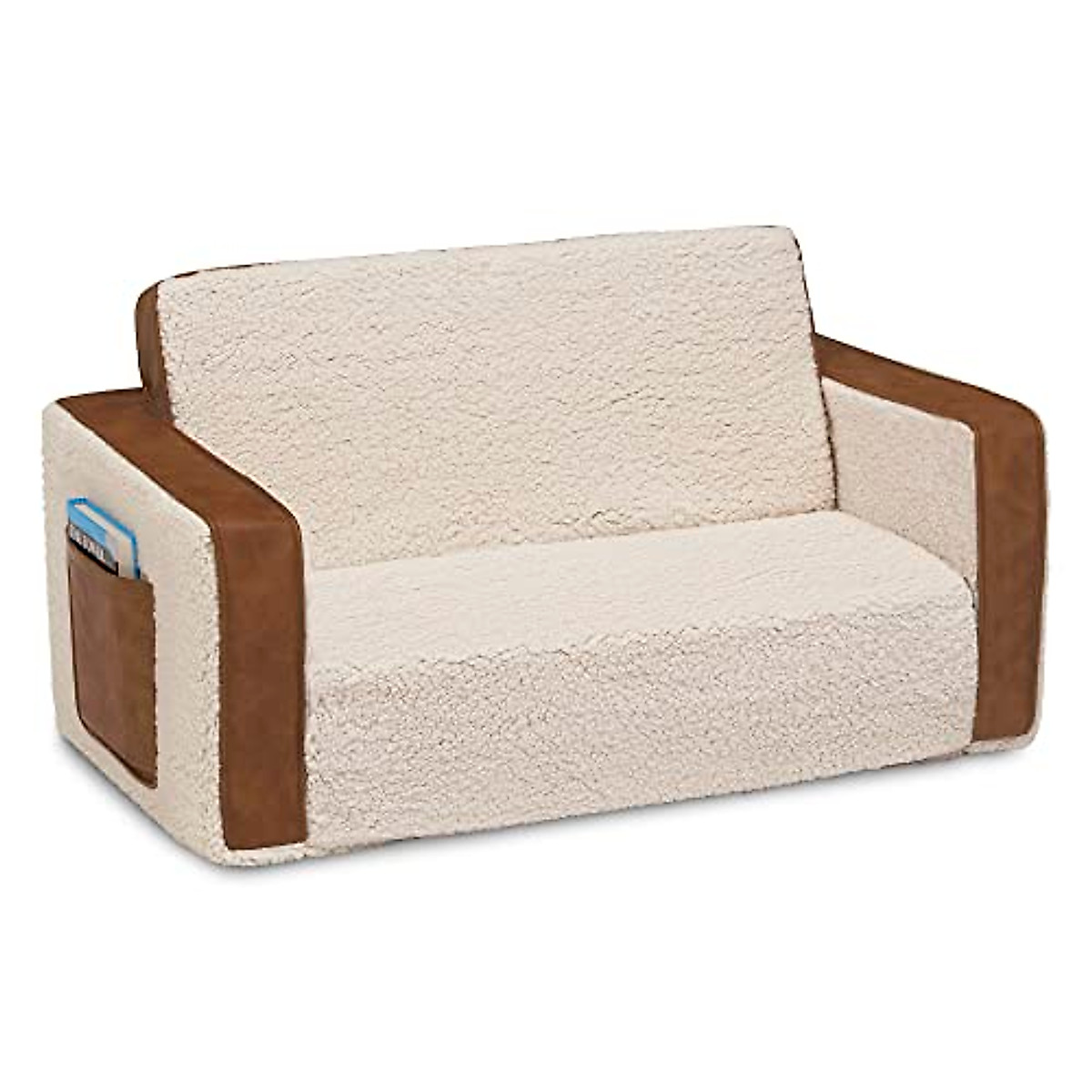Delta Children Cozee Flip-Out Sherpa 2-in-1 Convertible Sofa to Lounger for Kids, Cream Sherpa/Faux Leather