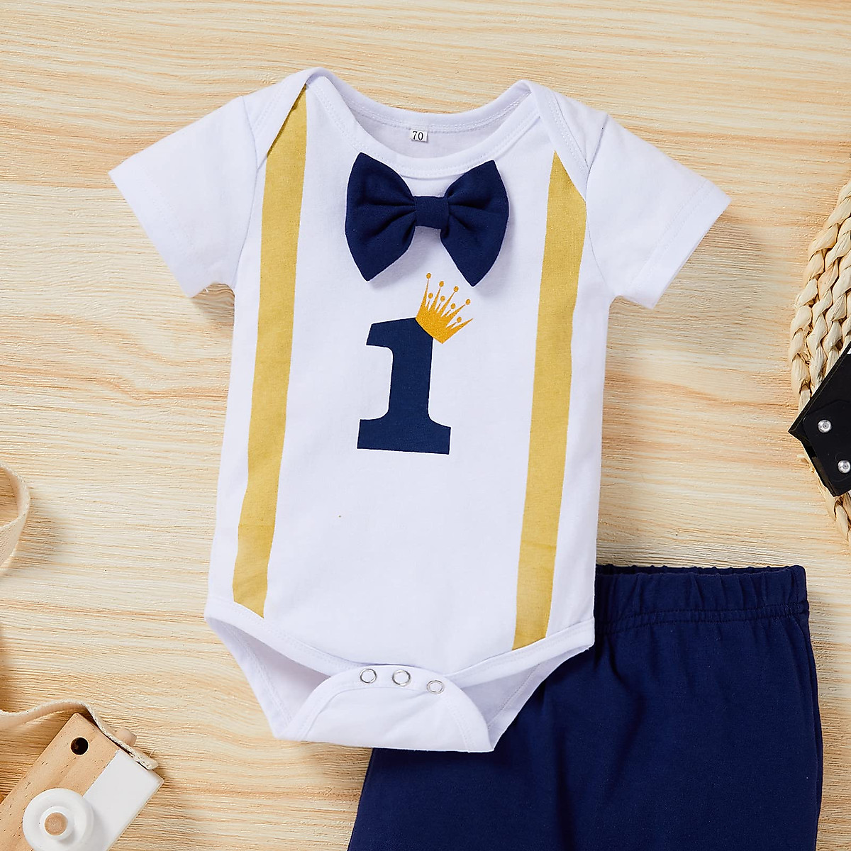 Viworld Baby Boy 1st Crown Birthday Shorts Set Infant Boy Gentleman Bow Tie Romper + One Shorts Cake Smash Outfits