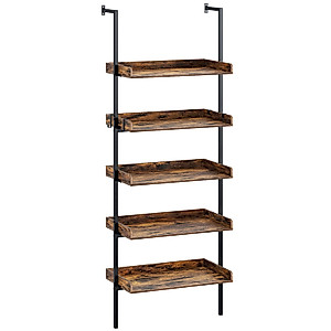 Rolanstar 5-Tier Bookshelf with 3 Hooks, Wall Mount Bookcase with Wooden Edge 72", Storage Rack with Open Shelves Display Plant Flower Stand Organizer for Living Room, Home Office, Rustic Brown