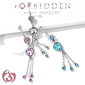 Forbidden Body Jewelry Surgical Steel Dangle Belly Button Ring Featuring CZ Heart and Chains, Pink