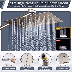 Shower Head Brushed Nickel, 10" High Pressure Rain Shower Head and 6 Spray Settings Handheld Shower Head Combo, Built-in Power Wash, with 11’’ Extension Arm/60" Hose, Height/Angle Adjustable