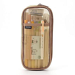 EASTHILL Grid Mesh Pen Pencil Case with Zipper Clear Makeup Color Pouch Cosmetics Bag Multi-Purpose Travel School Teen Girls Transparent Stationary Bag Office Organizer Box for Adluts(Khaki)