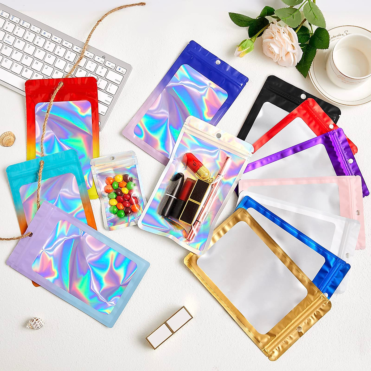 Funnyleaf 100 Pieces Black Resealable Mylar Holographic Bags Food Storage Smell Proof Bags with Front Window Packaging Pouch for Cookies Sample Jewelry Snack,2.36 * 3.94 inches