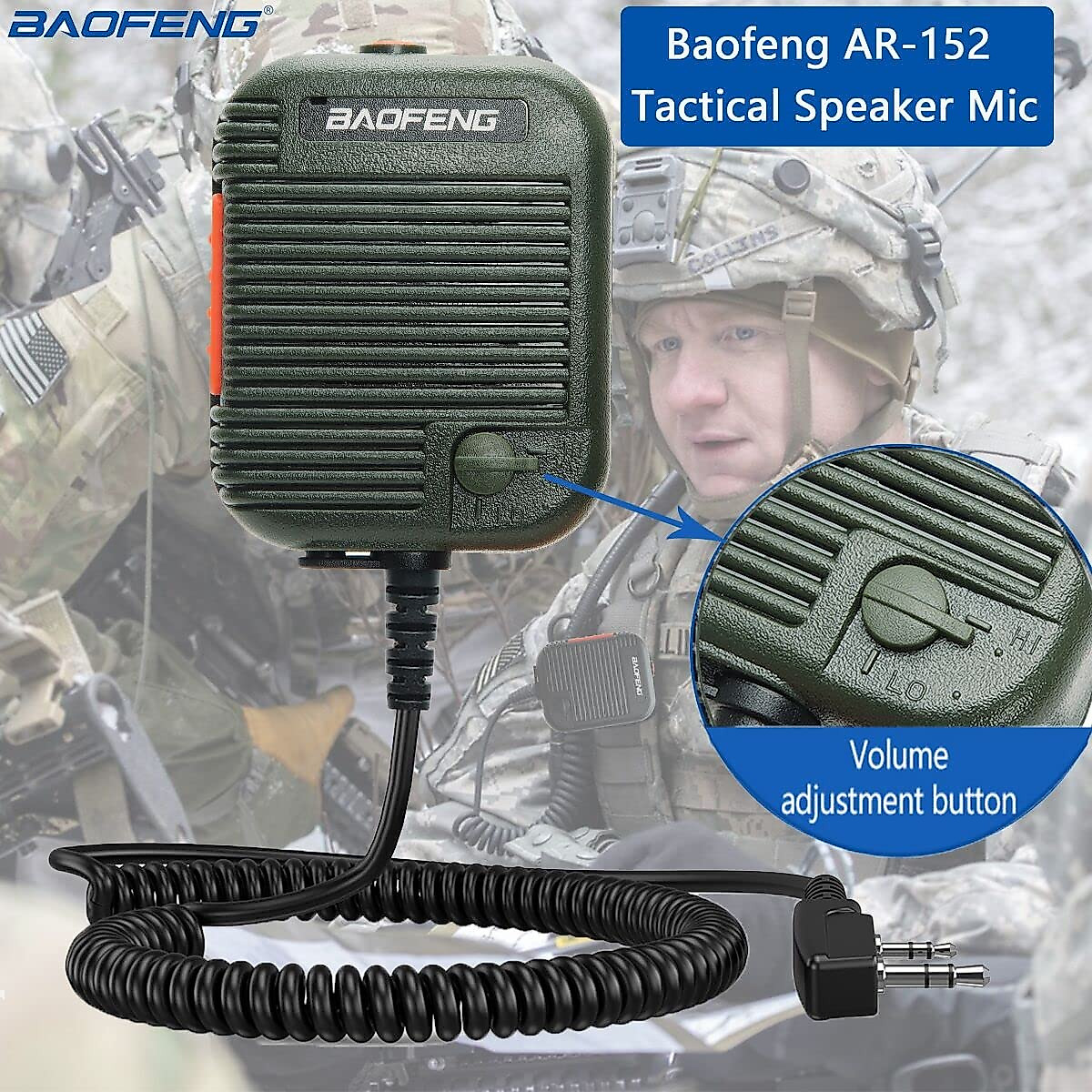 Baofeng AR-152 Tactical Speaker Mic Shoulder Microphone Volume Adjustable Military Grade Handheld Speaker for BaoFeng UV-5R UV-82 BF-888S RETEVIS TYT Pxton BTECH Kenwood Radios