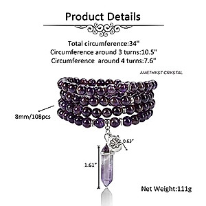 Jovivi 108 Mala Beads Bracelet 8mm Natural Amethyst Healing Crystal Stone Mala Prayer Bead Necklace Hexagonal Prism Gemstone Reiki Pointed Pendant for Yoga Meditation Energy Balancing
