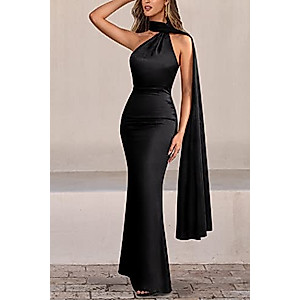 PRETTYGARDEN Women's Maxi Satin Dress Sleeveless Halter Neck Backless Long Formal Evening Cocktail Dresses (Black,Small)