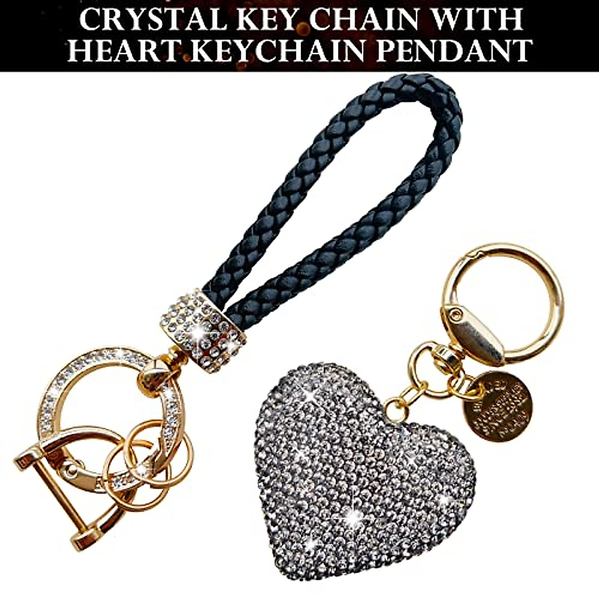 Crystal Car Keychain for Women with Bling Rhinestone Heart Shape Keychains Pendant Cute Keychain, Black Bling Heart Pretty Car key Chain Accessories for Women and Girls Gifts
