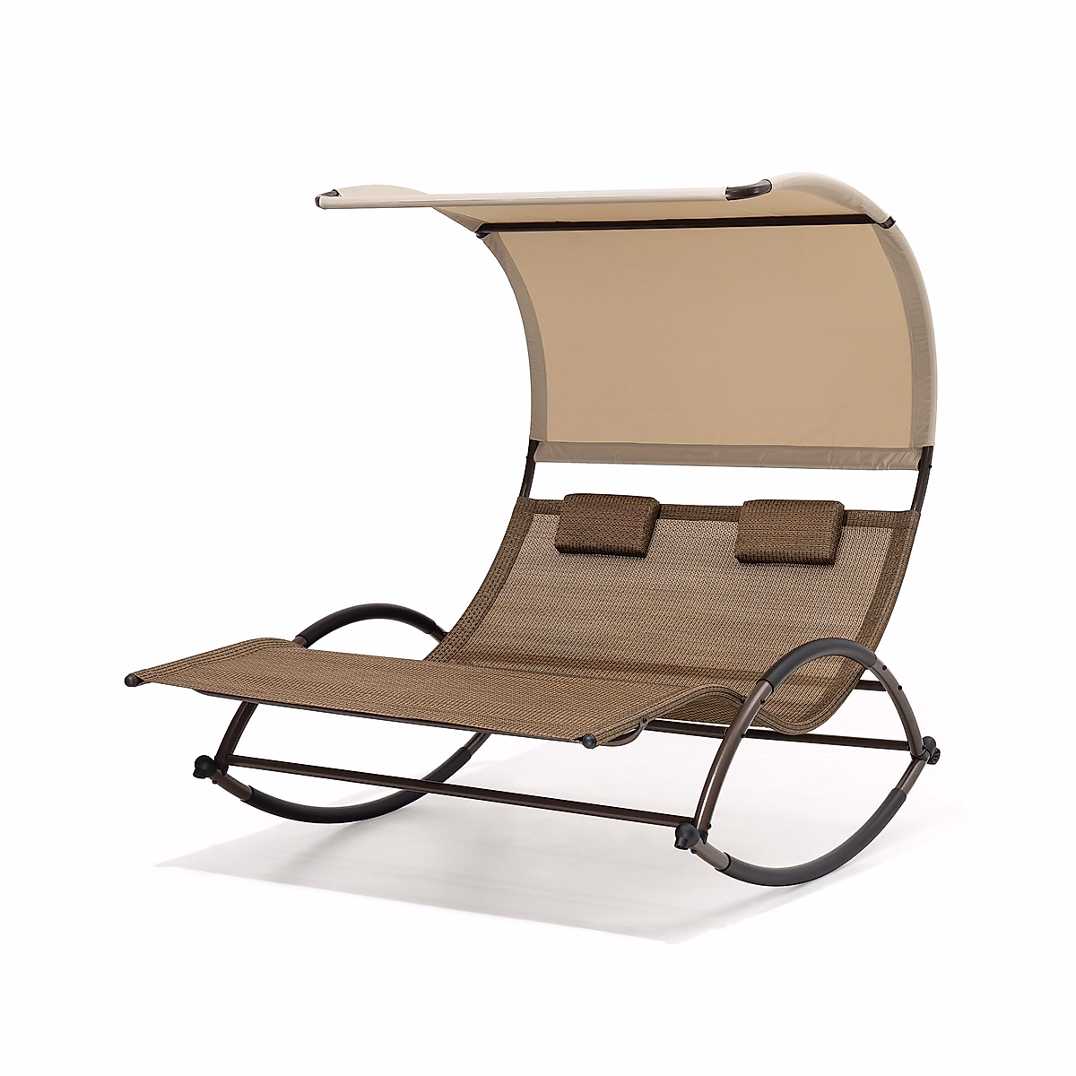Crestlive Products Outdoor Double Chaise Lounge Chair with Canopy & Wheels, 2 Person Patio Rocking Lounge Chair with Sun Shade & Headrests for Garden, Backyard, Poolside (Brown)