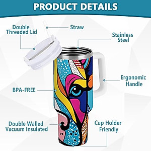 Dog Head Abstract Tumbler with Handle and Straw 30-40 Lid Cup Holder Compatible for Travel Insulated Stainless Steel Cup Food Grade PP Gifts for Him Her BPA-free