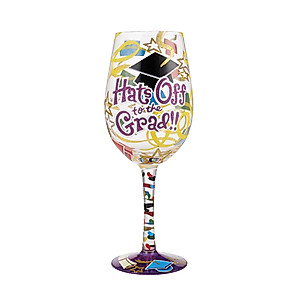 Enesco Designs by Lolita Hats Off to The Graduate Hand-Painted Artisan Wine Glass, 15 Ounce, Multicolor