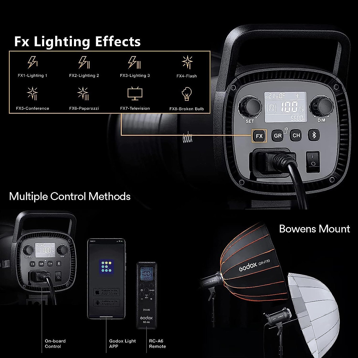 Godox SL60IID 70W LED Video Light, 18600Lux@1M 5600K COB LED Continuous Light, Bluetooth App&2.4G Wireless Remote Control 8 Built-in Fx Effects, TLCI/CRI 97+/96+Bowens Mount Studio Light