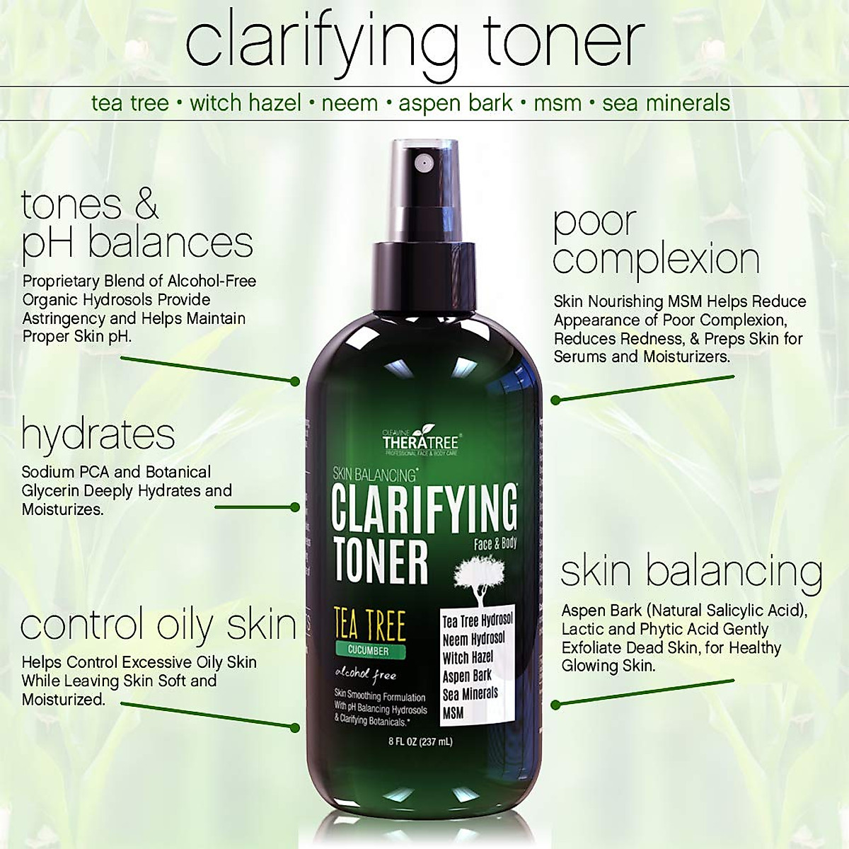 Clarifying Toner with MSM, Tea Tree & Neem Hydrosol, Complexion Control for Face & Body – Helps Reduce Appearance of Pore Size, Controls Oil to Tone, Balance & Hydrate Skin - 8 oz