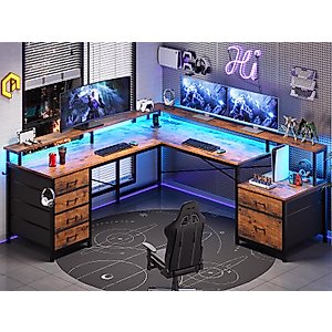 SEDETA L Shaped Desk with 6 Drawer, 108" Home Office Desk with File Drawer & Power Outlet, Corner Computer Desk with Monitor Shelf, Two Person Desk, Gaming Desk with Led Lights, Rustic Brown