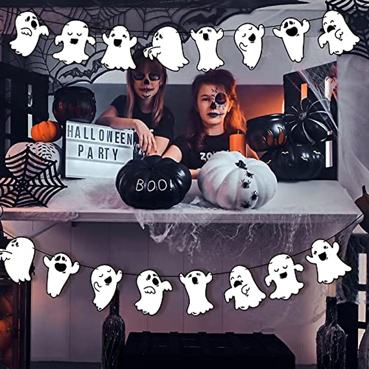 Cute Ghost Banner 2 Pack Halloween Garland Decorations Ghost Festival Party Decoration Haunted Houses Doorway Home Indoor Outdoor Halloween Party Supplies