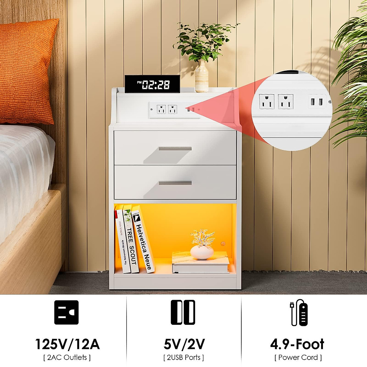 Saedew Nightstand with Charging Station and LED Lights, Night Stand with Modern Design, Bedside Table with 2 Drawers and Open Storage, Improved Nightstands for Bedroom Living Room (1, White)…