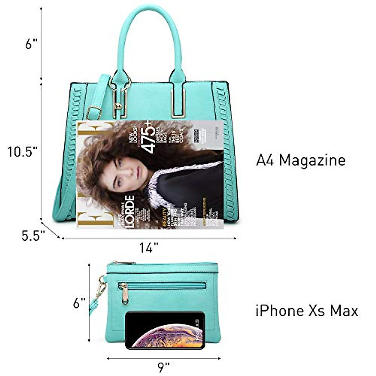 Dasein Purses Handbags for Women Satchel Vegan Leather Shoulder Bags Work Tote for Ladies with Matching Clutch (Turquoise)