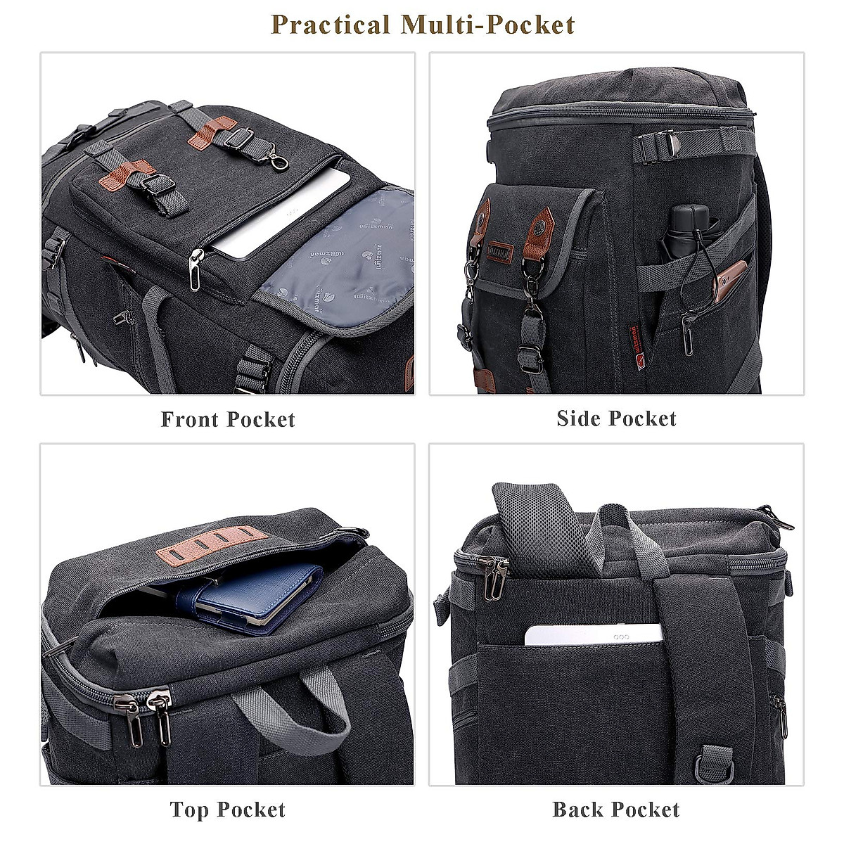 WITZMAN Travel Backpack for Men Women Canvas Backpack Carry on Luggage Rucksack Convertible Duffel Bag Large (A568 Black)