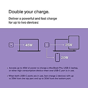 Belkin 45W Dual USB-C Wall Charger, Fast Charging Power Delivery 3.0 w/ GaN Technology for iPhone 15, 15 Pro, 15 Pro Max, 14, 13, Mini, iPad Pro 12.9, MacBook, Galaxy S23, & More - Black (2-Pack)