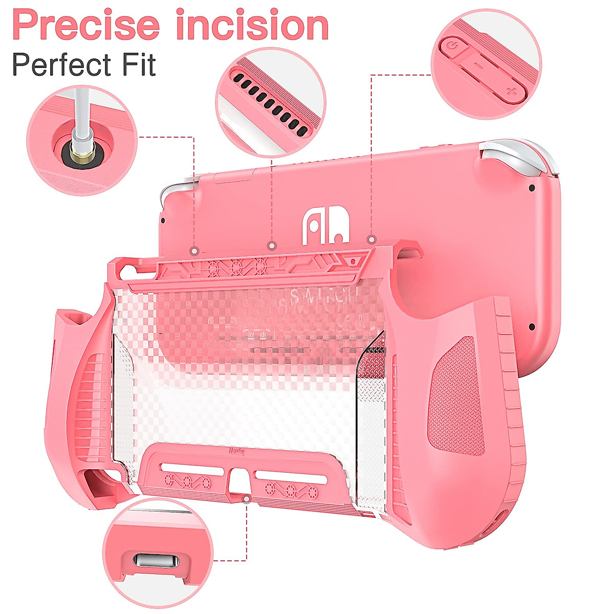 HEYSTOP Case Compatible with Nintendo Switch Lite, with Tempered Glass Screen Protector and 6 Thumb Grip, TPU Protective Cover for Switch Lite with Anti-Scratch/Anti-Dust (Pink)