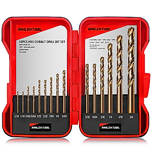 AIMLENTOOL 15Pcs Cobalt Drill Bit Set, M35 HSS, SAE (1/16" - 3/8"), 135° Tip, Twist Jobber Length Drill Bit Kit for Hardened Metal, Stainless Steel, Cast Iron, Plastic and Wood, Indexed Storage Case