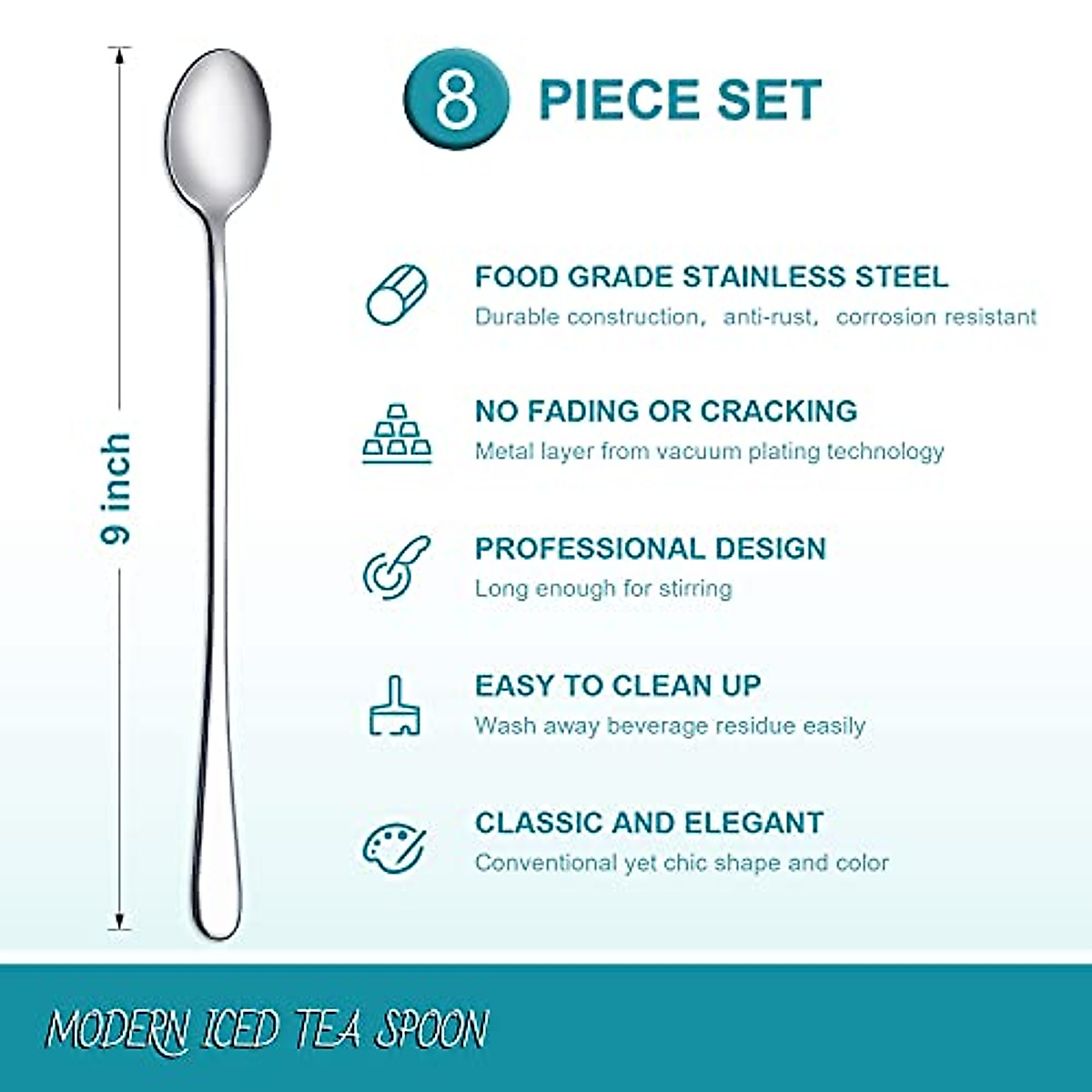 Hiware 8-Piece 9-Inch Long Handle Iced Tea Spoon, Coffee Spoon, Ice Cream Spoon, Stainless Steel Cocktail Stirring Spoons