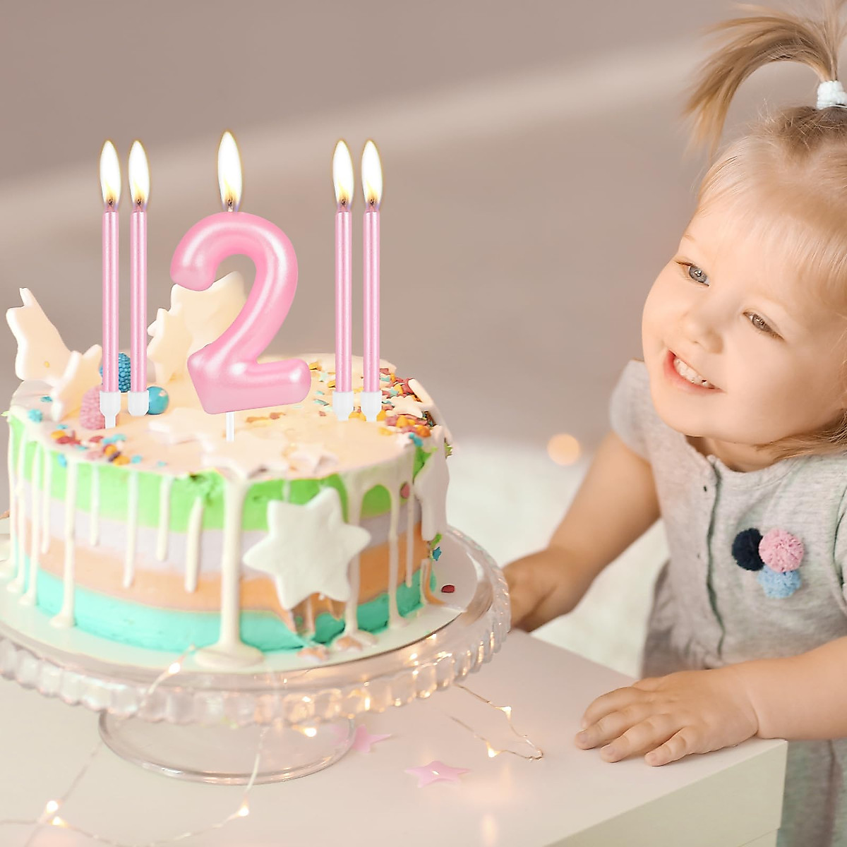 iNINGER Baby Pink 8th Birthday Number Candles,Pink Long Stick Candles,Number 8 Candle Cake Cupcake Toppers for Girls,Pink Candles for Cake,Birthday Party 8th Wedding Anniversary Decorations