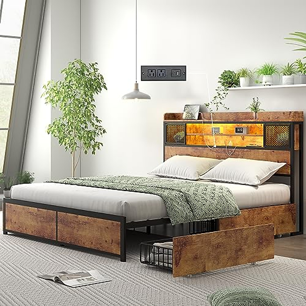 Gyfimoie Queen Bed Frame with 4 Storage Drawers, LED Bed Frame with Outlets and USB Ports, Metal Platform Bed Frame Queen Size with 3-Tier Storage Headboard, No Box Spring Needed (Queen)