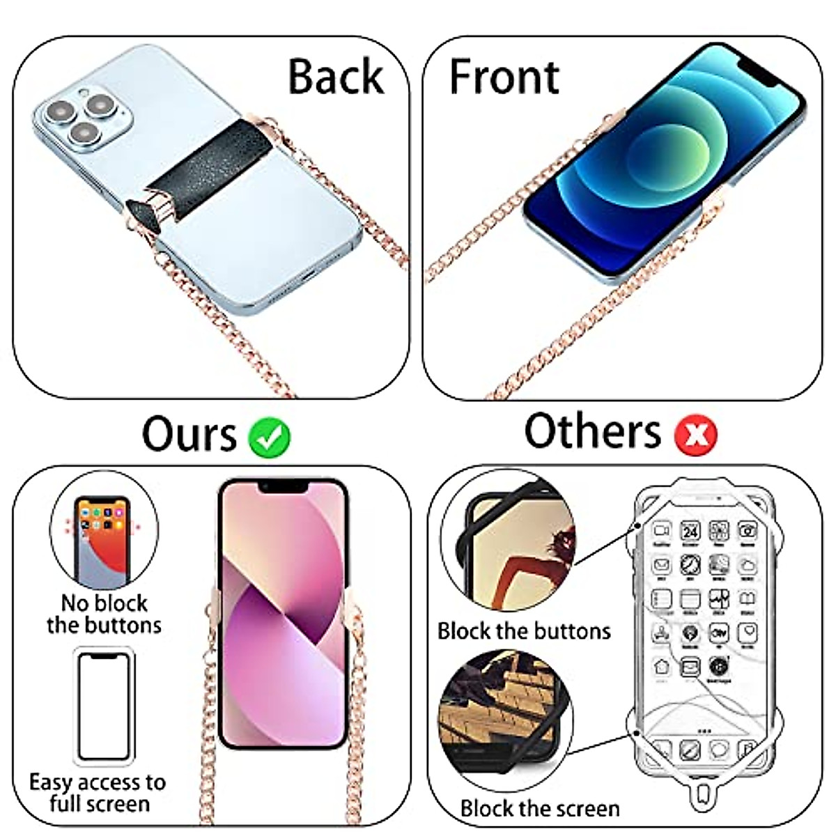 Universal Cell Phone Lanyard Holder, BERITNI Metal Crossbody Phone Chain with Clip Detachable Phone Tether Safety Strap Women Girls Compatible with iPhone 14 13, Most Smartphones, Black + Rose Gold