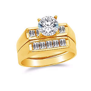 Size - 7 - Solid 14k Yellow Gold Round Cut Flat Bridal Engagement Ring & Wedding Band CZ Cubic Zirconia (2.0cttw., 1.0ct. Center)