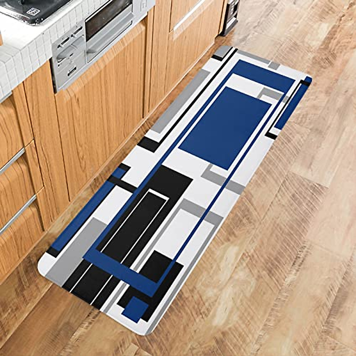 Kitchen Rugs and Mats Set -1 Pcs Non-Slip Cushioned Carpet Front of Sink Modern Abstract Geometric Washable Floor Doormat Area Runner Royal Blue Black Grey Color Blocks Absorbent Bathroom Rugs