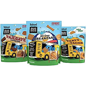 Blue Dog Bakery Natural, Ruffy's Food Truck Dog Treat Variety Pack, Tasty Taco, Tailgate Favorites & All Day Breakfast, (3) Bags