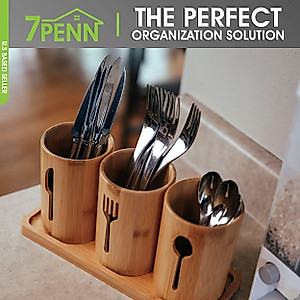 7Penn Standing Utensil Organizer Caddy - 3 Cup Bamboo Countertop Utensil Holder for Party Camping and Kitchen