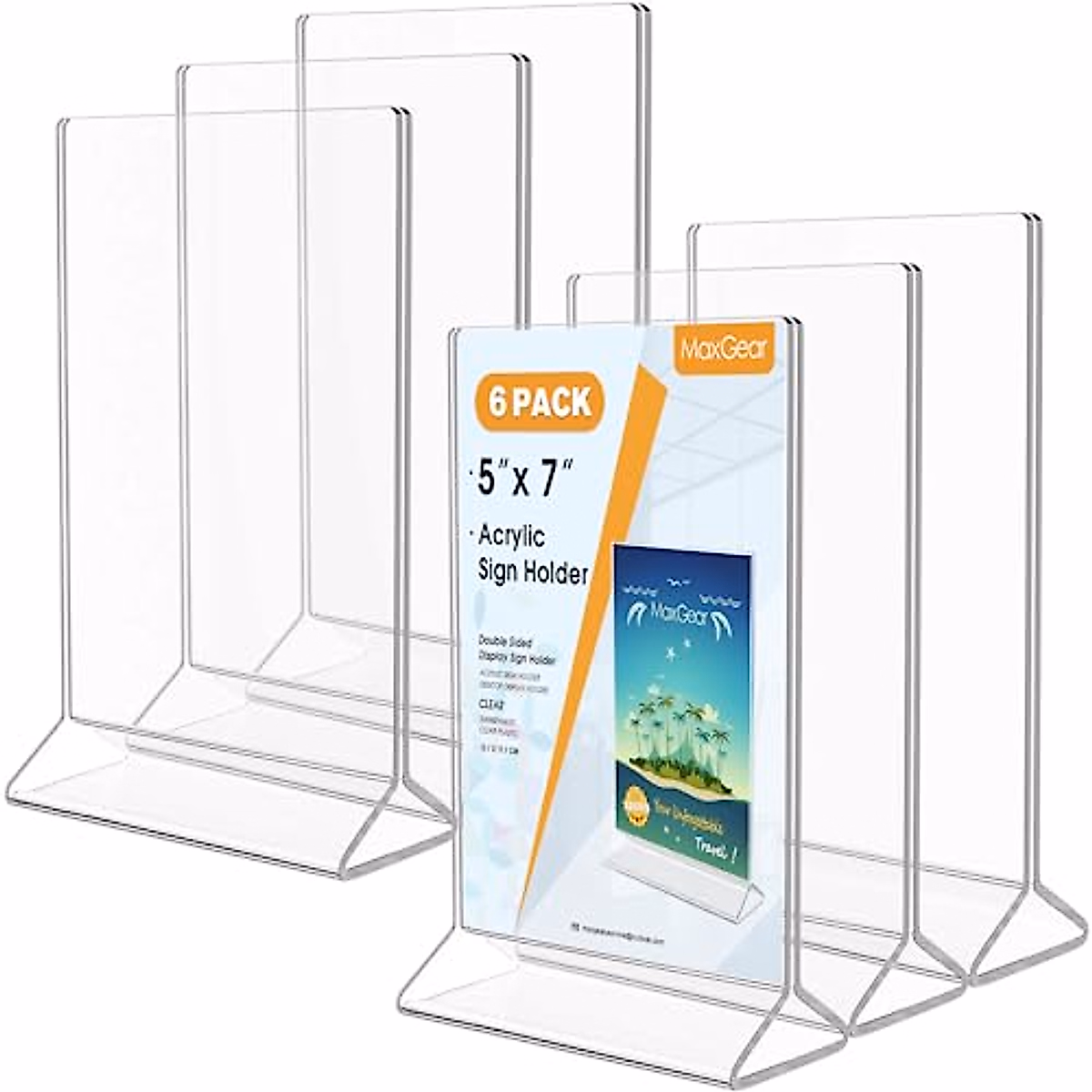 MaxGear Acrylic Sign Holder 5x7 Inches-Clear Table Card Display-Table Menu Plastic Display Stand - Double Sided Ad Picture Frame for Office, Home, Store, Restaurant, 6 Pack