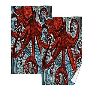 Blueangle Wavy Red Octopus Print Pure Cotton Hand Towels for Bath Decorative Guest Towels Fingertip Towels for Bathroom Spa Gym, 2-Piece, 16 x 28 inches（369）