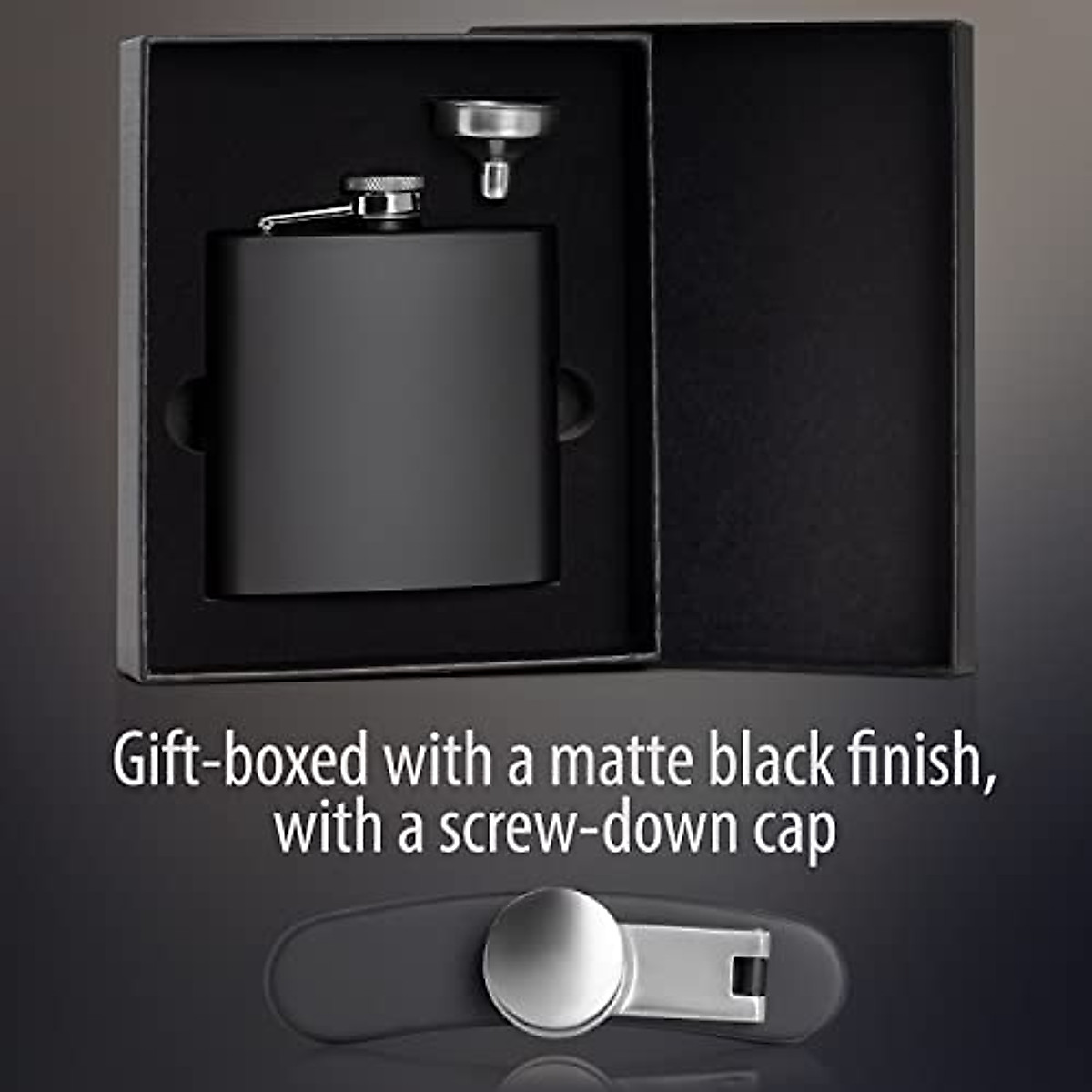 Maxam Black Stainless Steel Flask, Lightweight Drinking Hip Flask with a Screw-On, Leak Proof Lid, Funnel, 6 Ounce Capacity in Black Box