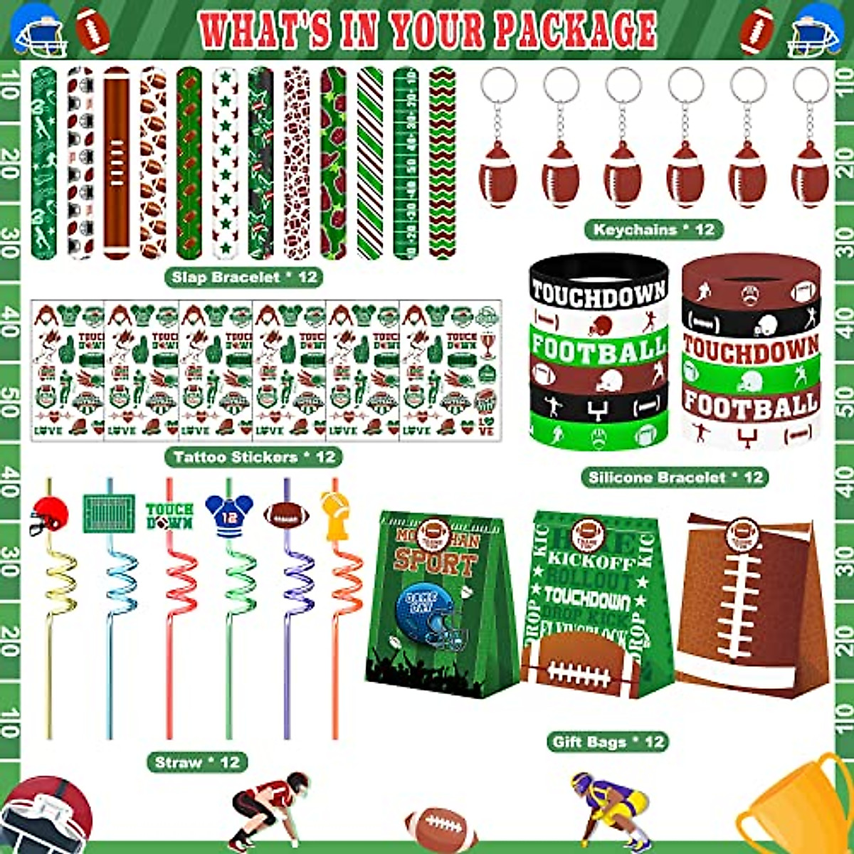 Football Party Favors 72 PCS Football theme Slap Bracelet Keychain Tattoo Stickers Plastic Straws Silicone Bracelet Gift Bags for Kids Sports Theme Birthday Party Gift Giving Classroom Rewards