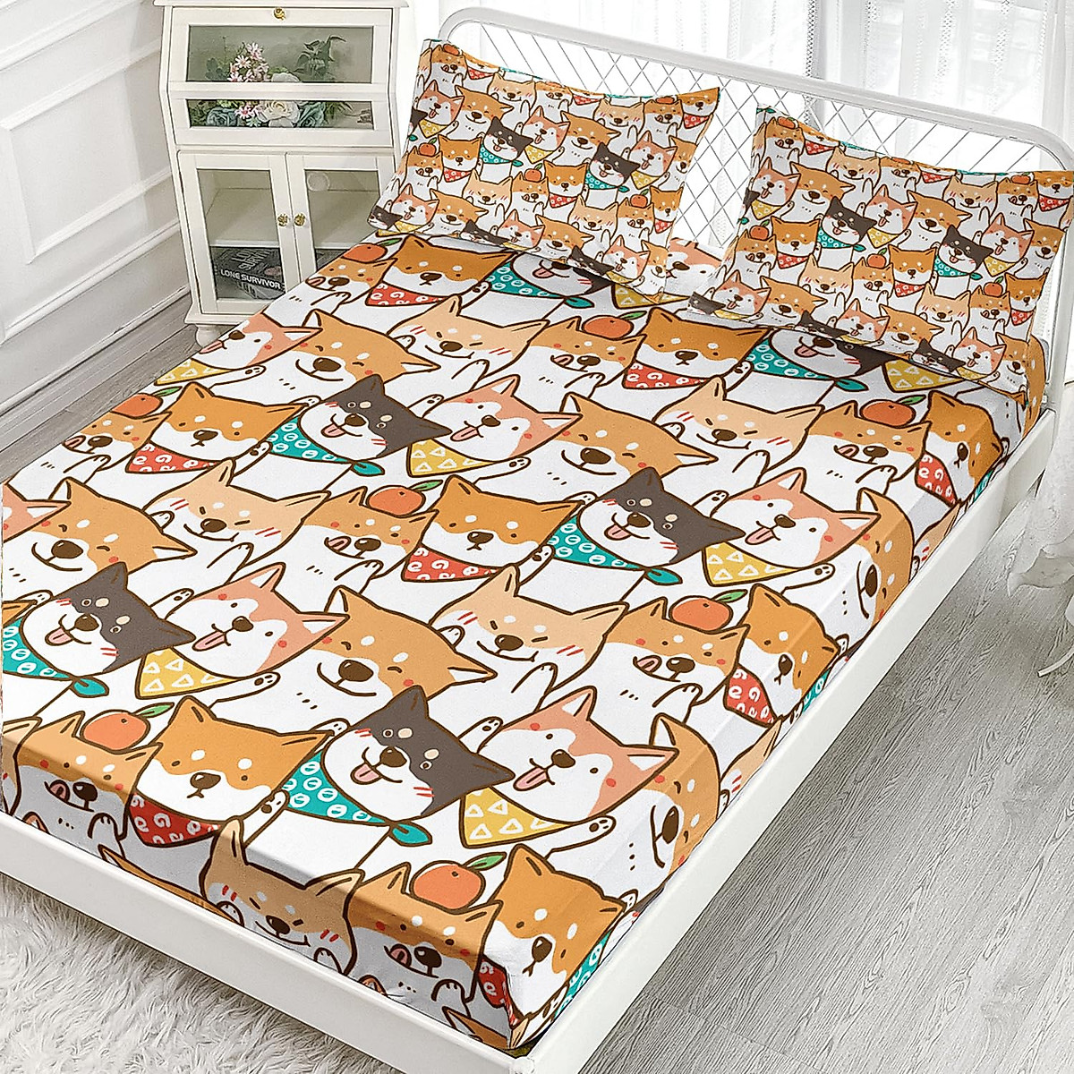 AILONEN Puppy Fitted Sheet Set Full Size, Cute Shiba Inu Dog Bed Sheet Set,Welsh Corgi Dog Puppy Sheets Set,Boys Girls Cartoon Pet Animals Bed Sheets Set 3 Pieces, 1 Fitted Sheet and 2 Pillowcases