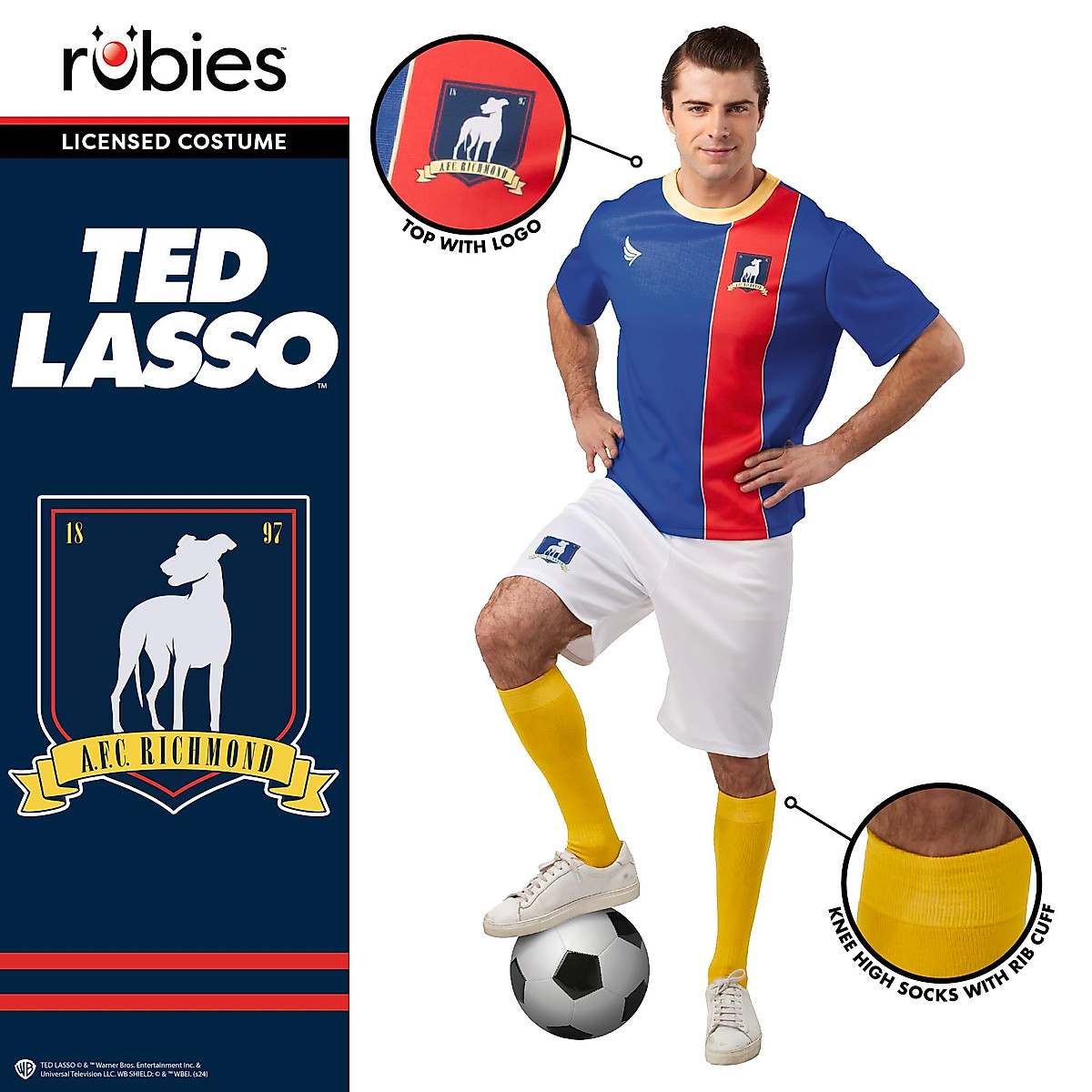 Rubies Men's Ted Lasso AFC Richmond Soccer Uniform Costume, Large for Themed Parties and Halloween